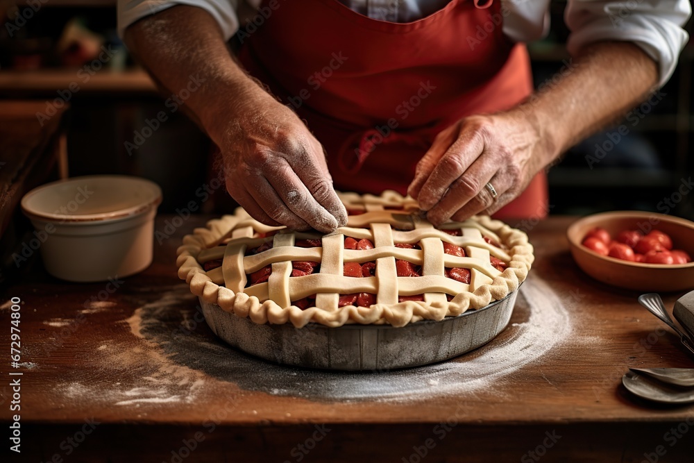 Handsome baker carefully placing a lattice pie crust on top of a fruity ...