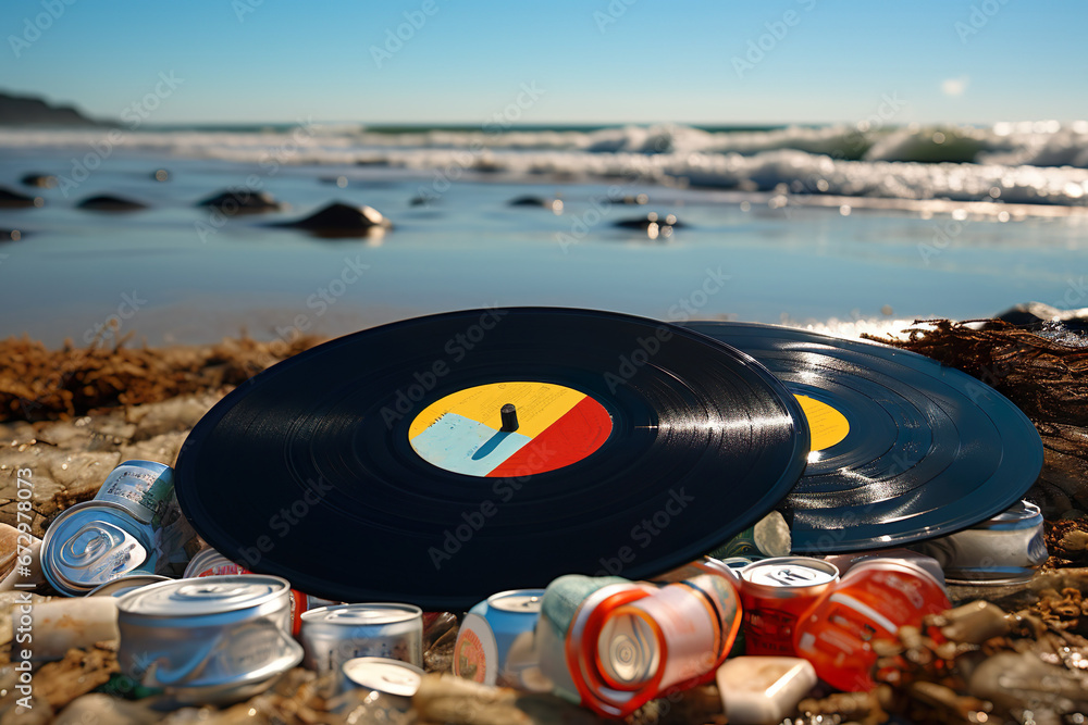Problem plastic waste, vinyl records, trash of bottles and ...
