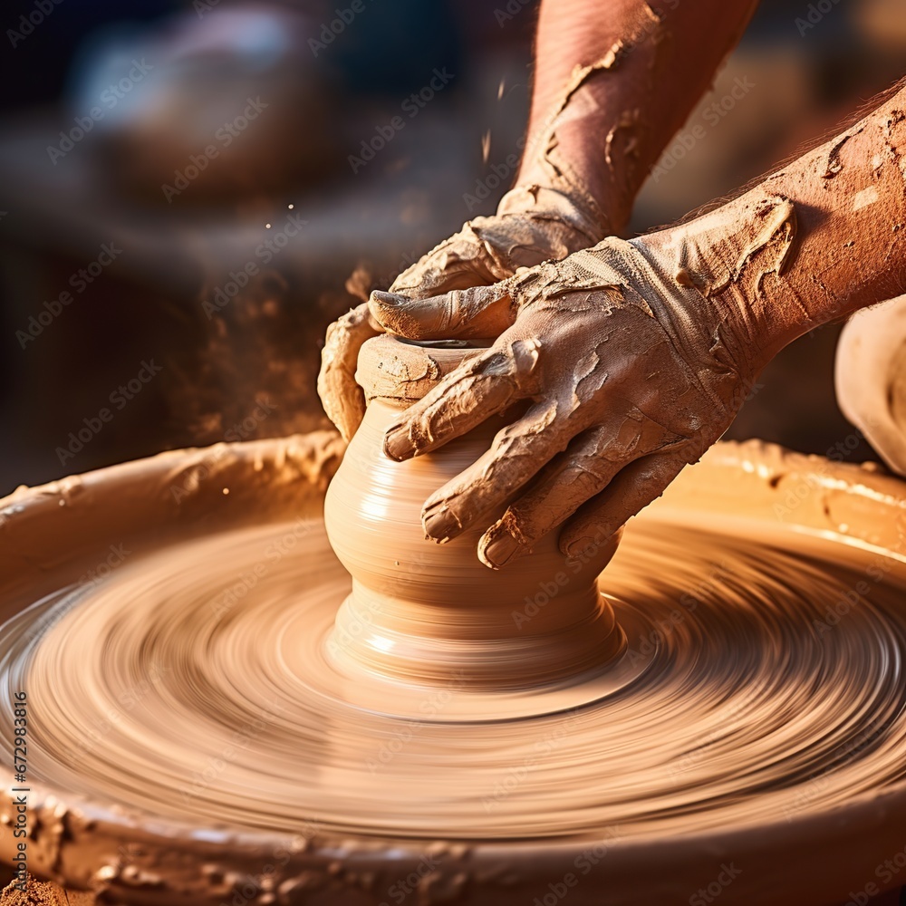 Potter molds a lump of clay into a beautiful vase, his hands skillfully ...