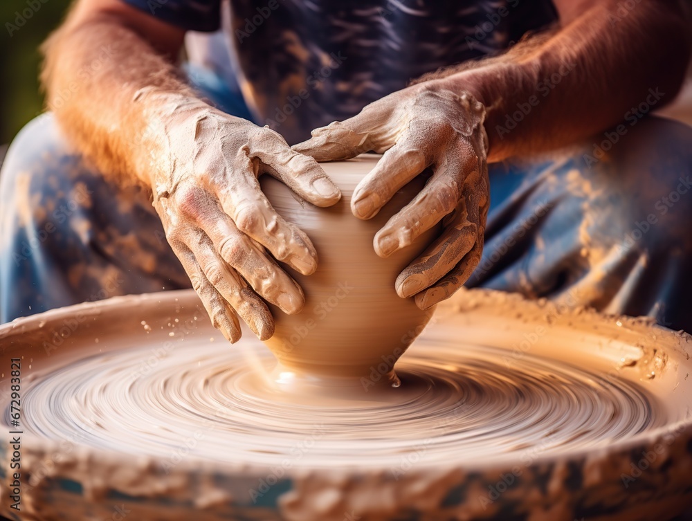 Potter molds a lump of clay into a beautiful vase, his hands skillfully ...
