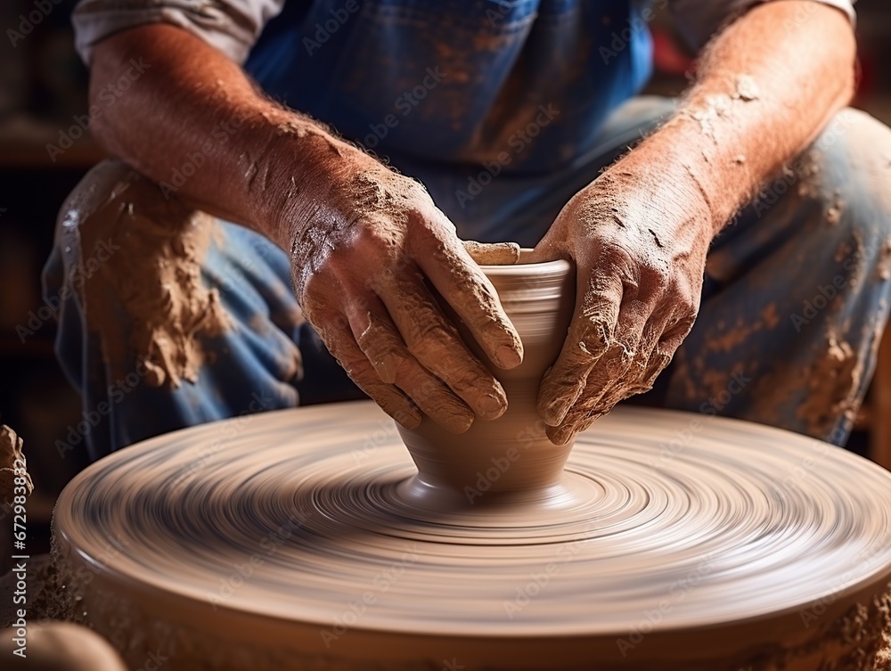 Potter molds a lump of clay into a beautiful vase, his hands skillfully ...