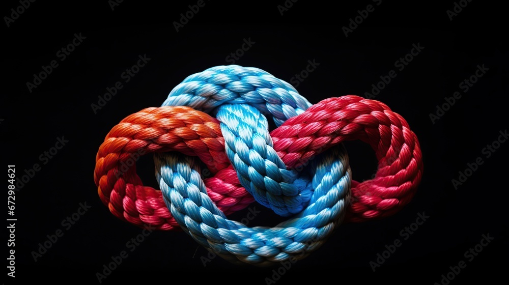 Different colored ropes forming a square knot,Unity and teamwork ...