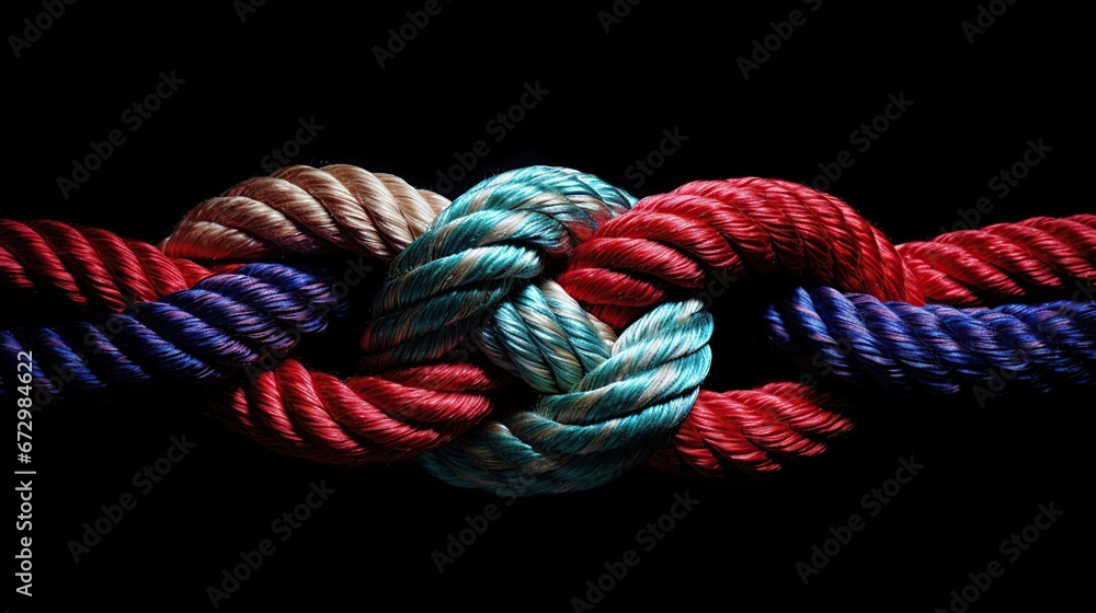 Different colored ropes forming a square knot,Unity and teamwork ...