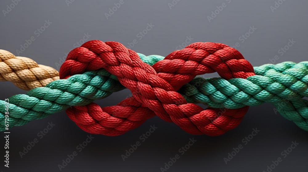 Different colored ropes forming a square knot,Unity and teamwork ...