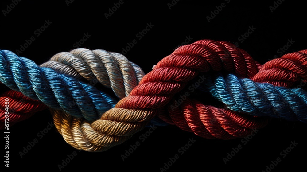 Different colored ropes forming a square knot,Unity and teamwork ...