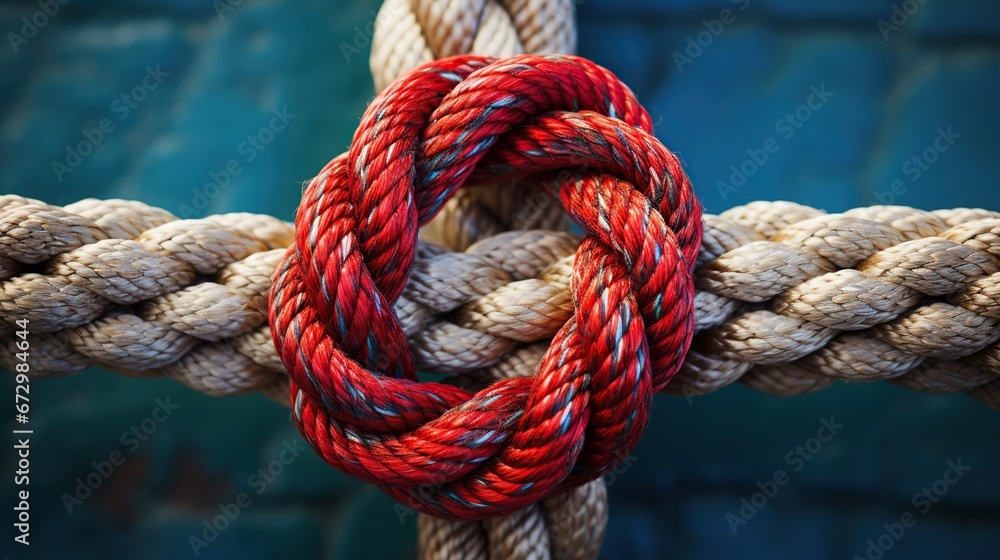 Different colored ropes forming a square knot,Unity and teamwork ...