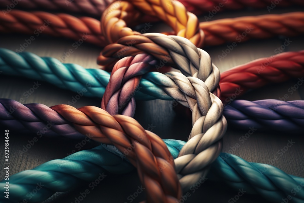 Different colored ropes forming a square knot,Unity and teamwork ...