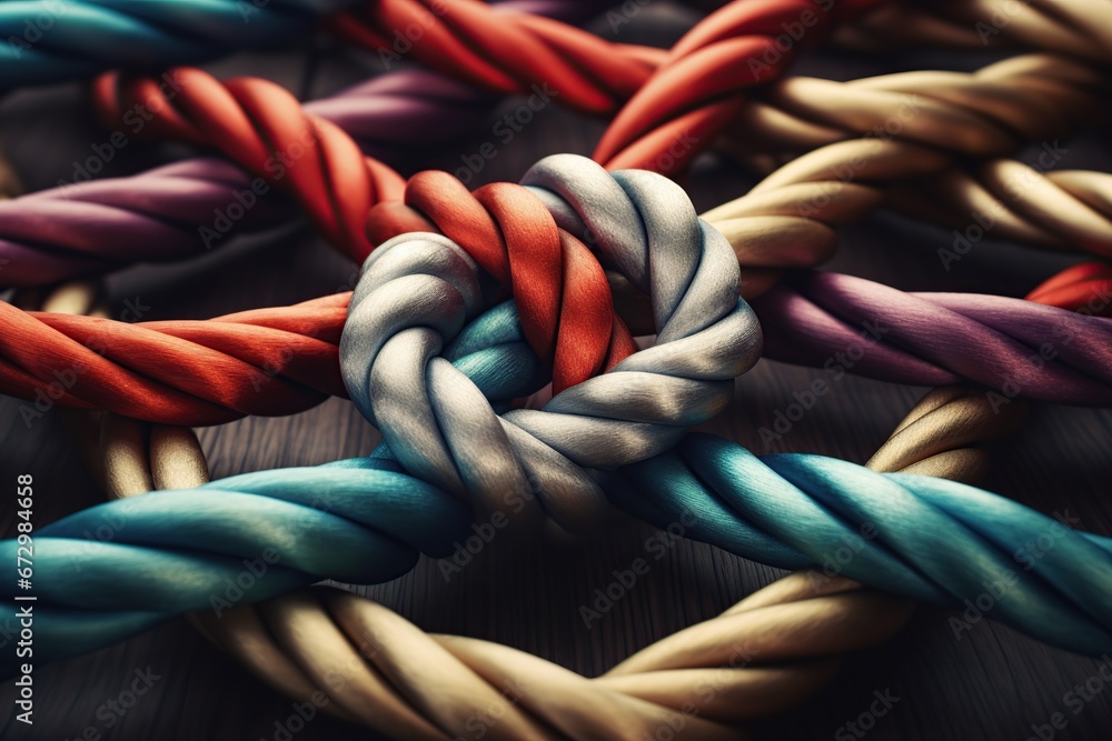 Different colored ropes forming a square knot,Unity and teamwork ...