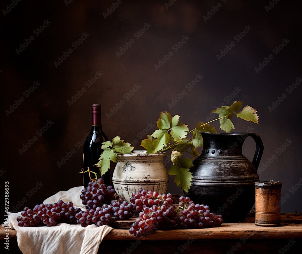 bodegón de uvas negras con una botella y una jarra de vino, con estilo ...