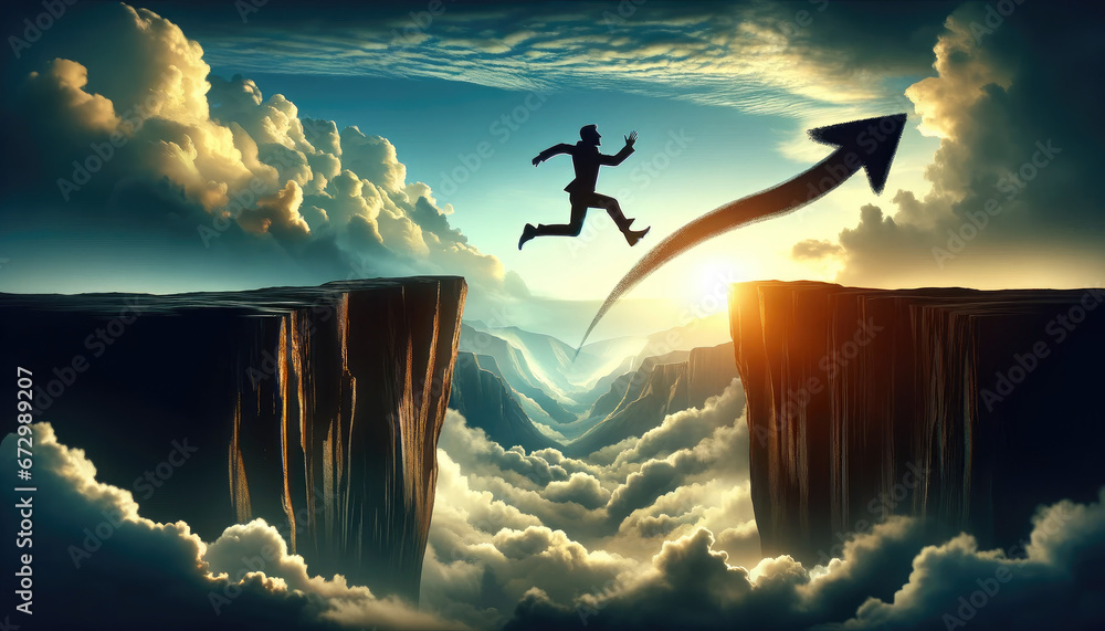 Leap of Progress: Man's Silhouette Jumping from Past to Future Over ...