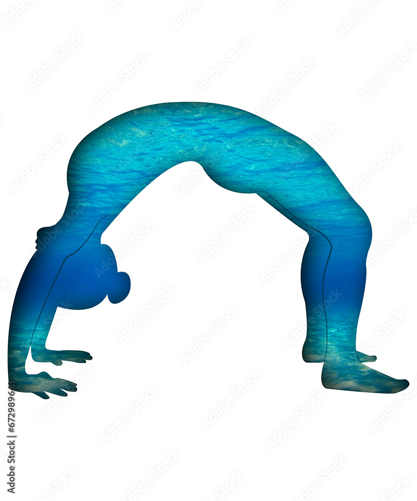 Yoga postures with blue water print, nature effect. This image is part ...