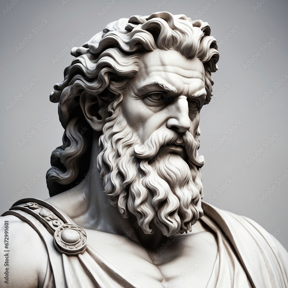 Handsome marble statue of powerful greek god Zeus over dark background ...