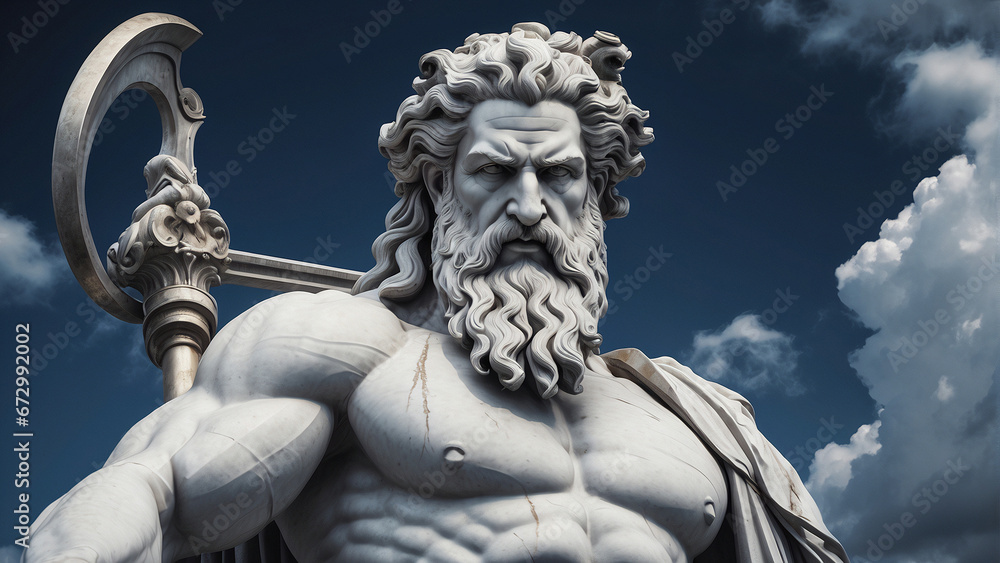 Handsome marble statue of powerful greek god Zeus over dark background ...