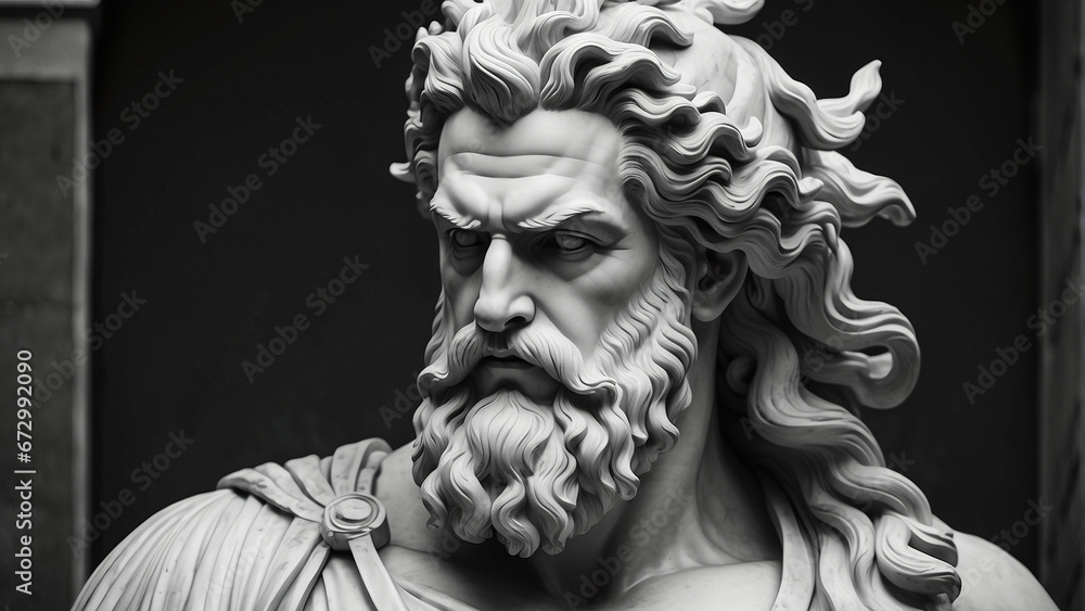 Handsome marble statue of powerful greek god Zeus over dark background ...