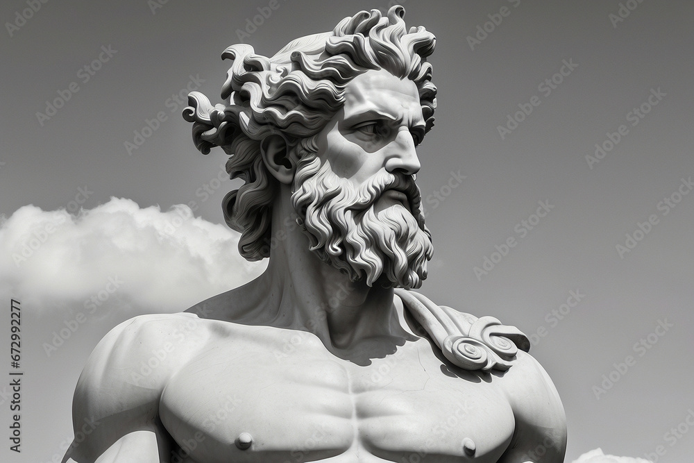 Handsome marble statue of powerful greek god Zeus over dark background ...