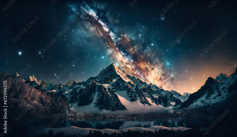 Beautiful Starry Night, Colorful Sky and Majestic Mountains under the ...