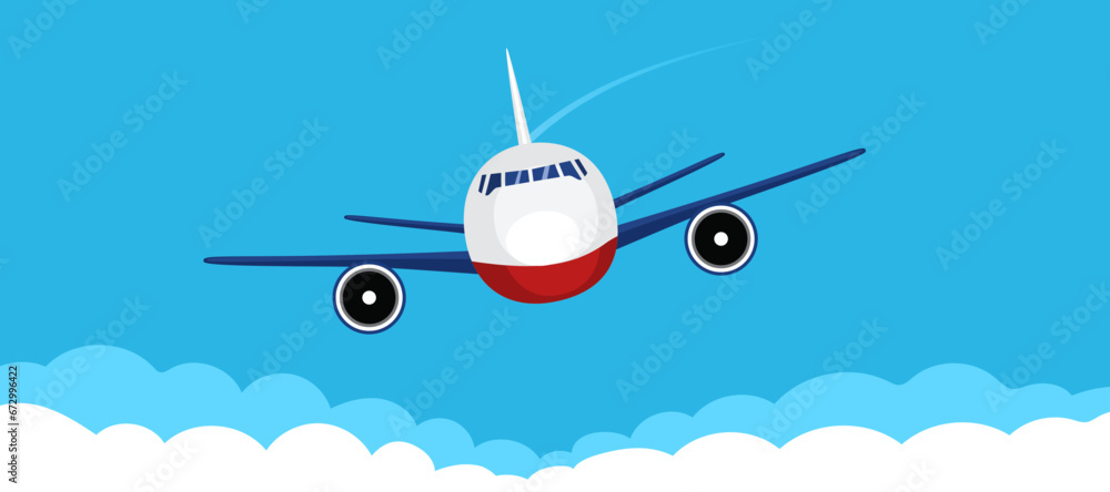 Airplane front view illustration on sky background flying. Plane on ...