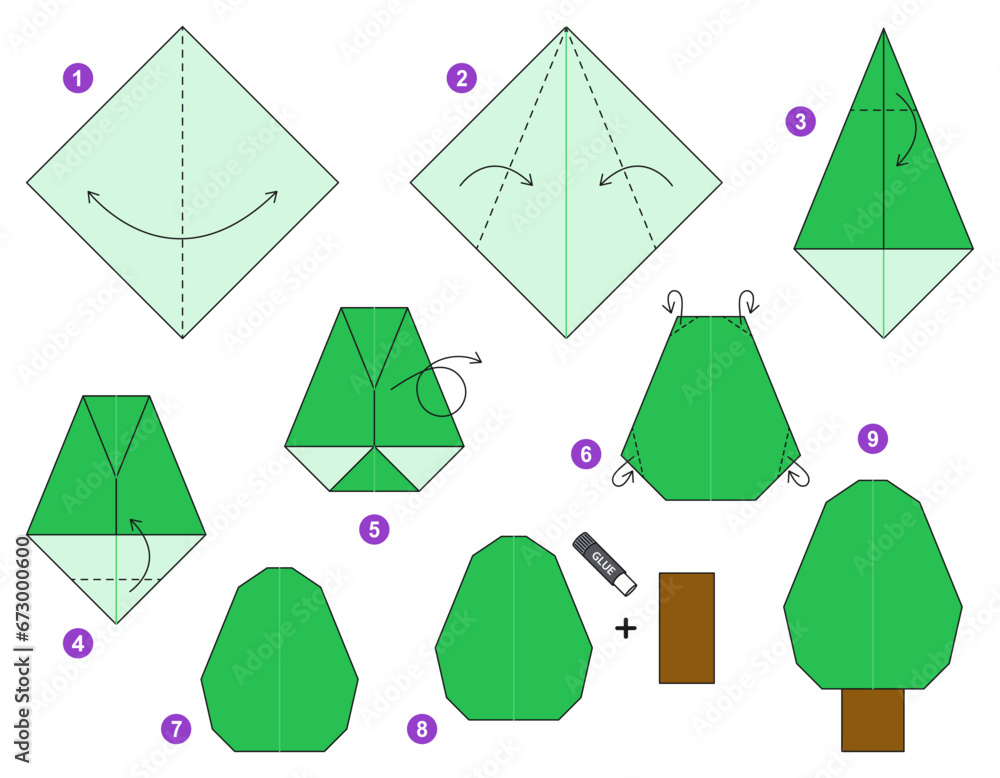 Tree origami scheme tutorial moving model. Origami for kids. Step by ...
