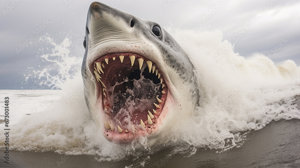roaring shark jumps from water, teeth exposed, ocean excitement and ...
