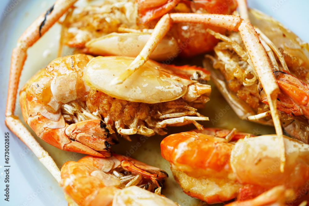 Thai seafood menu, Baked prawns with salt, close-up cooked big prawns ...
