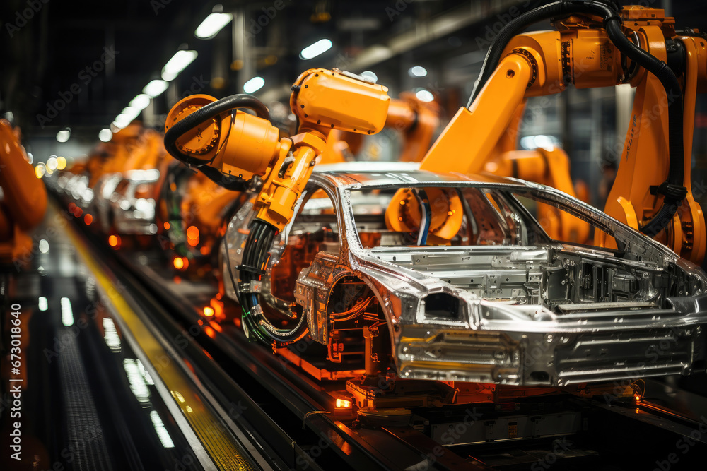 Rows of orange robotic arms expertly assembling car frames on a high ...