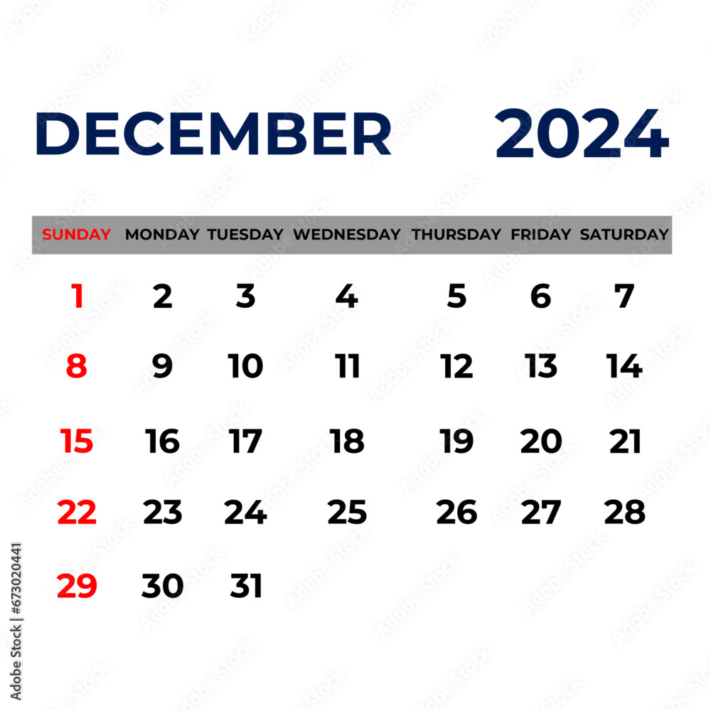 Monthly calendar template for 2024 year December 2024 year, Week Starts ...