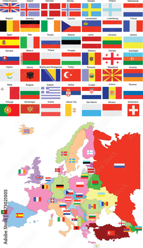Map of Europe with country flags Stock Vector | Adobe Stock
