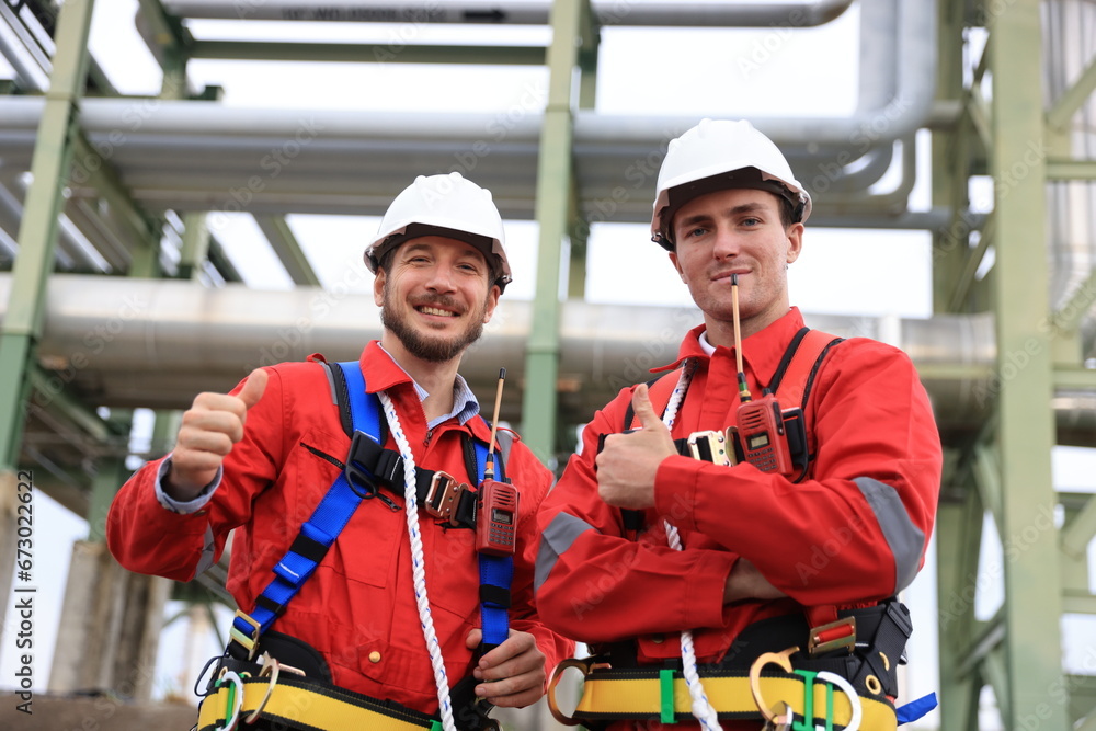 Portrait of two male engineers with full body harnesses in orange ...