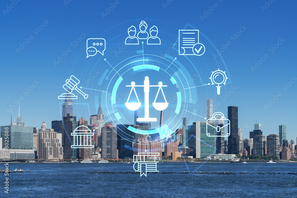 New York City skyline, United Nation headquarters over the East River ...