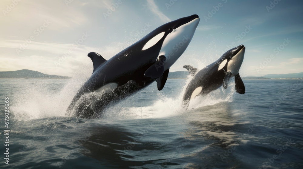 AI-generated illustration of two majestic breaching orcas. Stock ...