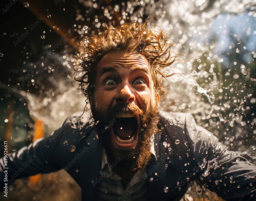 Intense image of a businessman appearing overwhelmed by water ...