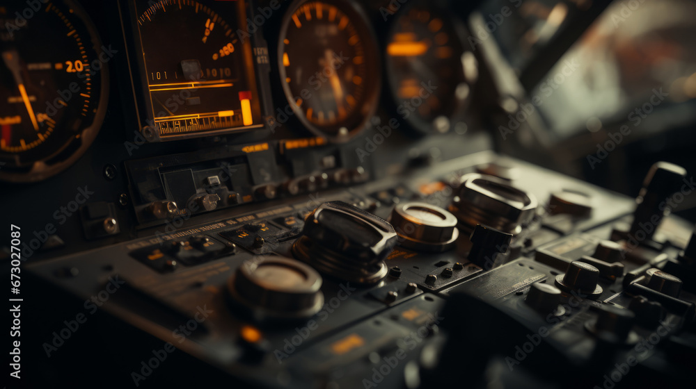 an aircraft cockpit, showcasing various flight instruments and controls ...