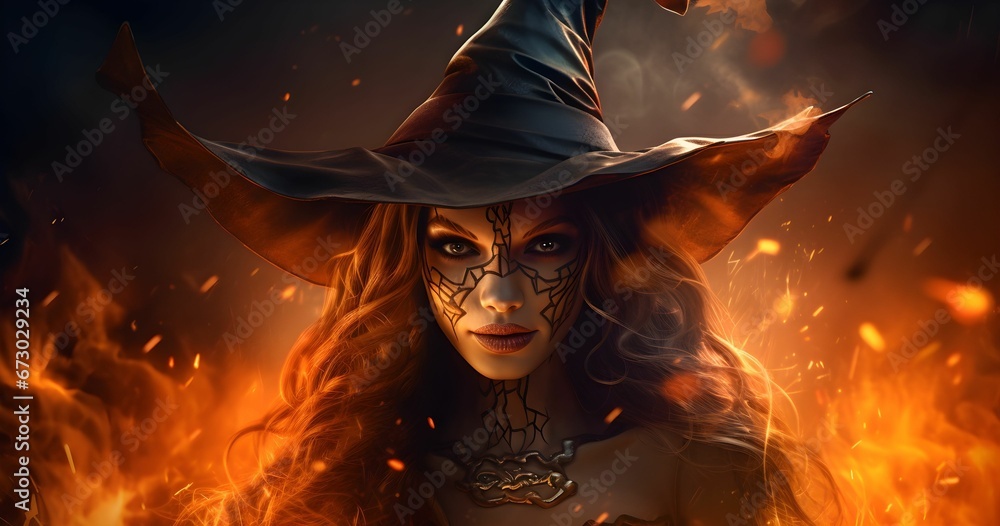 AI generated illustration of female witch character on an eerie spooky ...