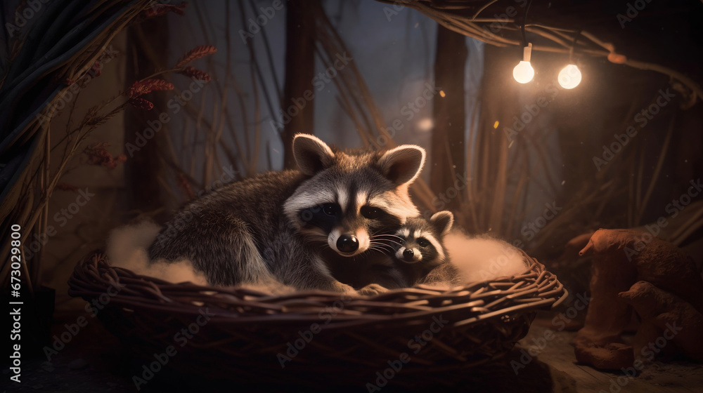 AI generated illustration of raccoons curled up and sleeping in a ...
