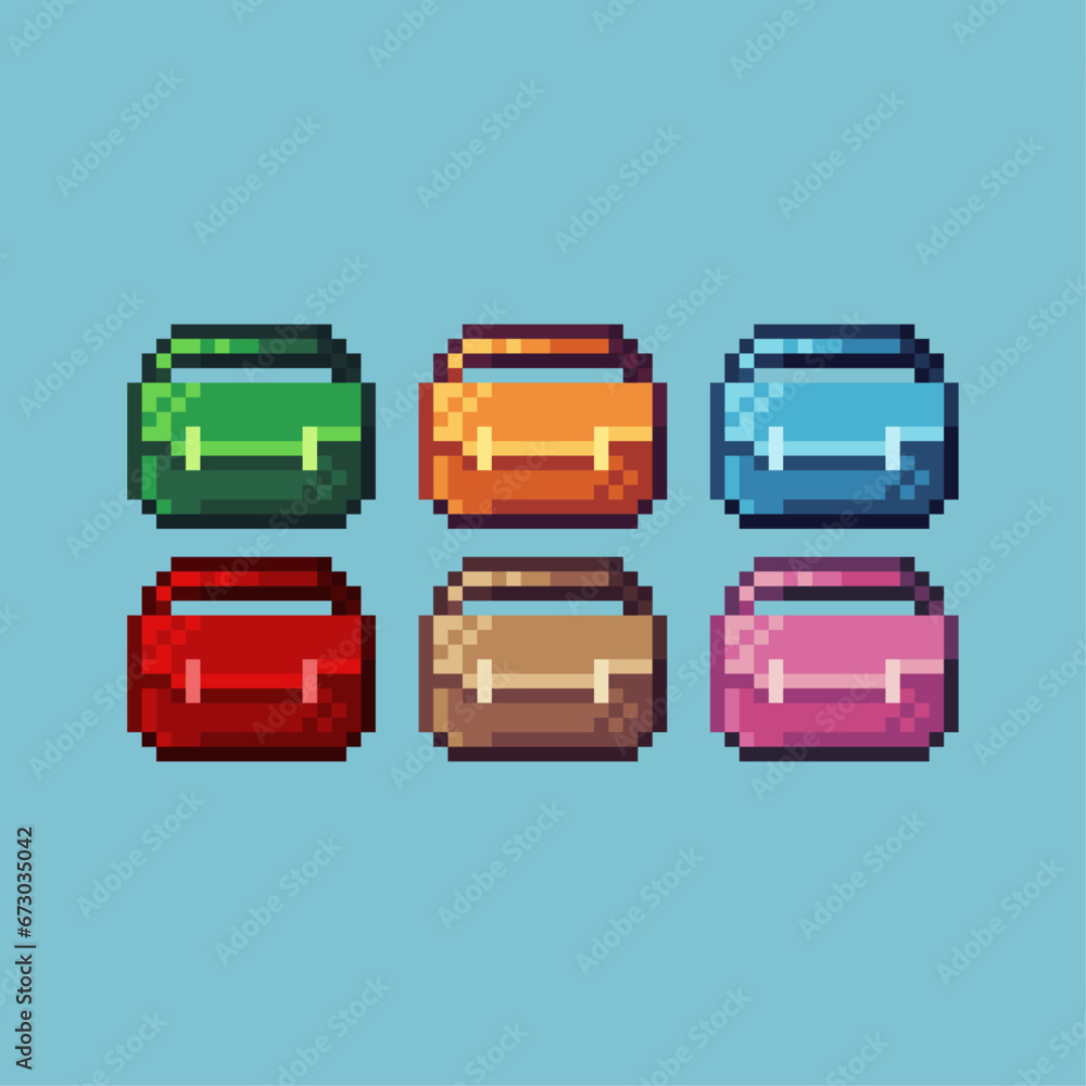 Pixel art sets of bag with variation color item asset. Simple bits of bag pixelated style. 8bits ...