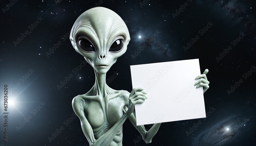 Extraterrestrial Visit: Green Alien Holding Billboard Sign in Outer ...