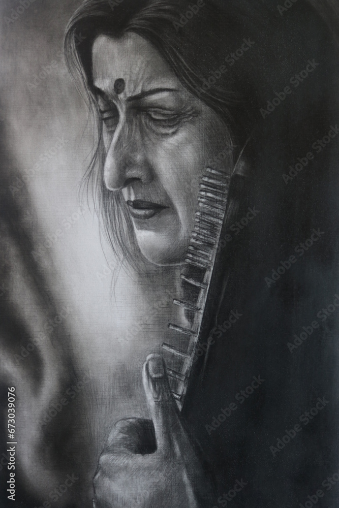 Indian woman playing sitar. Drawing pencil art. Indian Traditional ...