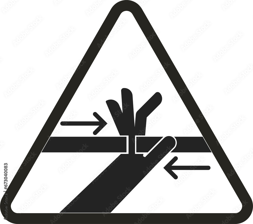 Isolated black triangle safety danger sign of hand pinched on elevator ...