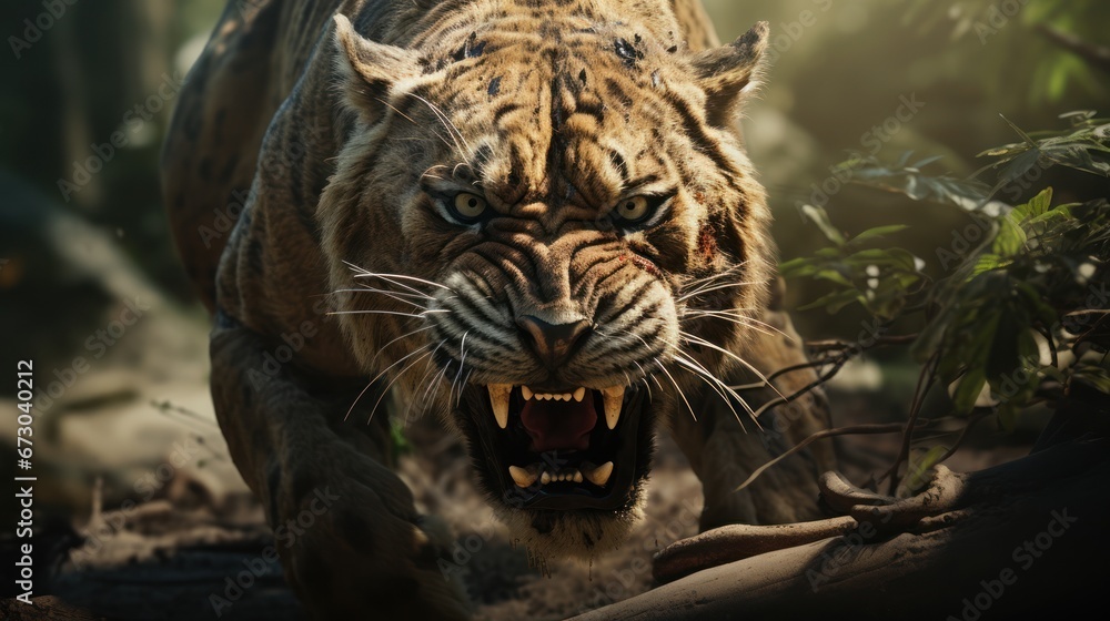 Sabertooth cats stalk their prey in mysterious jungles Stock ...