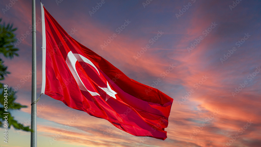 Turkish flag with a sunset background. Background image for national ...