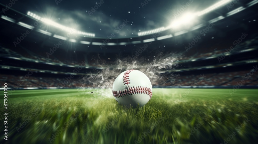 A white leather baseball soaring through the air in slow motion above ...