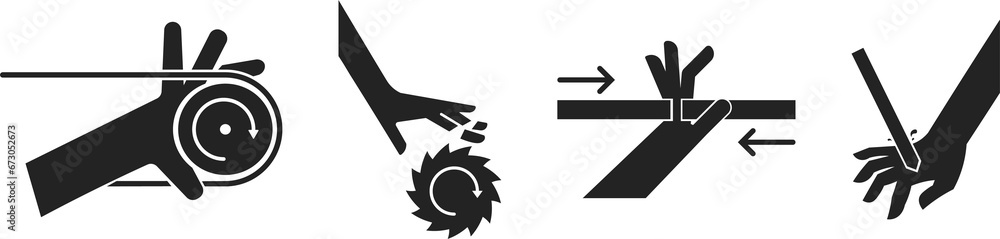 Bundle set pictogram icon of hand injury pinched on belt conveyor ...