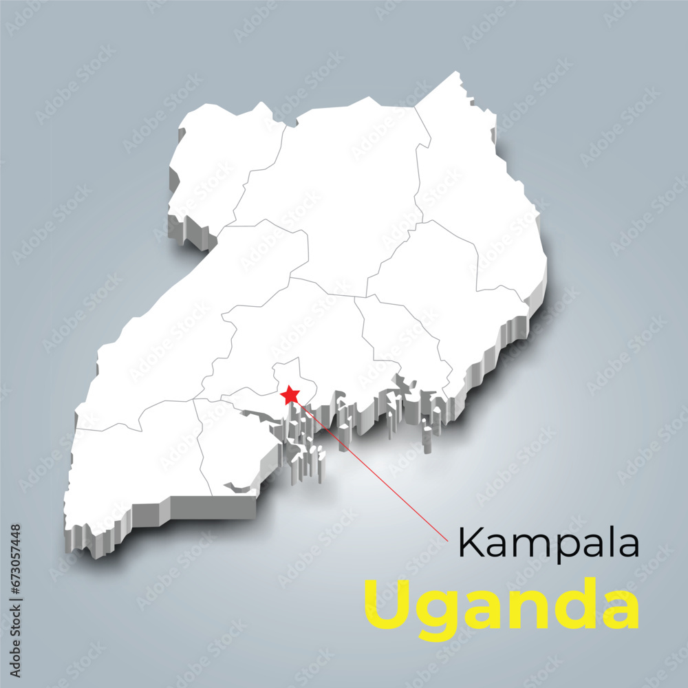 Uganda 3d map with borders of regions and it’s capital Stock Vector ...