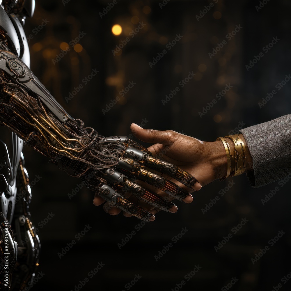 Human hand shaking hands with robot with blur and plain elegant ...
