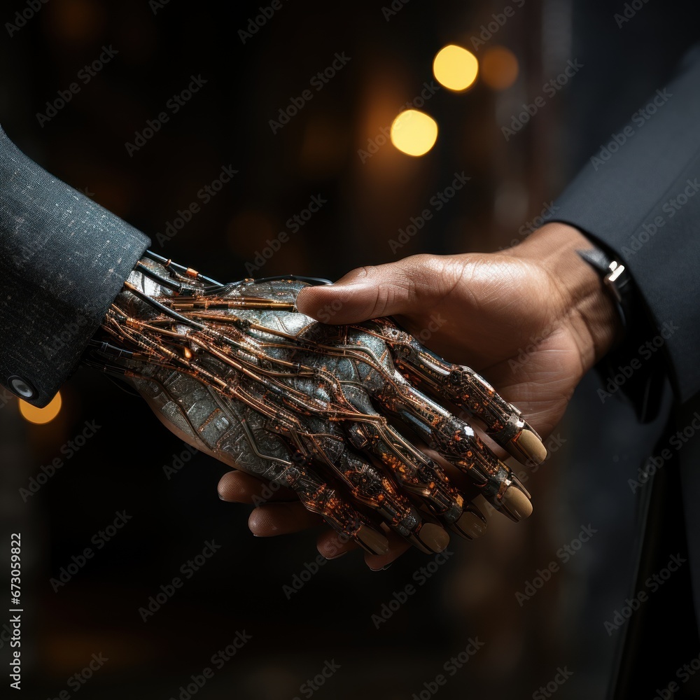 Human hand shaking hands with robot with blur and plain elegant ...