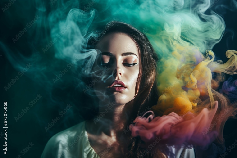 Fine art woman photo in colorful smoke. Girl prom alone attractive ...