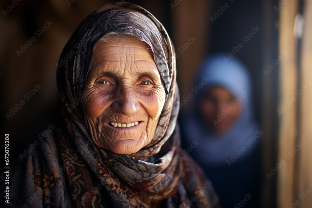 Smiling Arab elderly woman. Veiled Muslim woman. Old person. AI. Stock ...