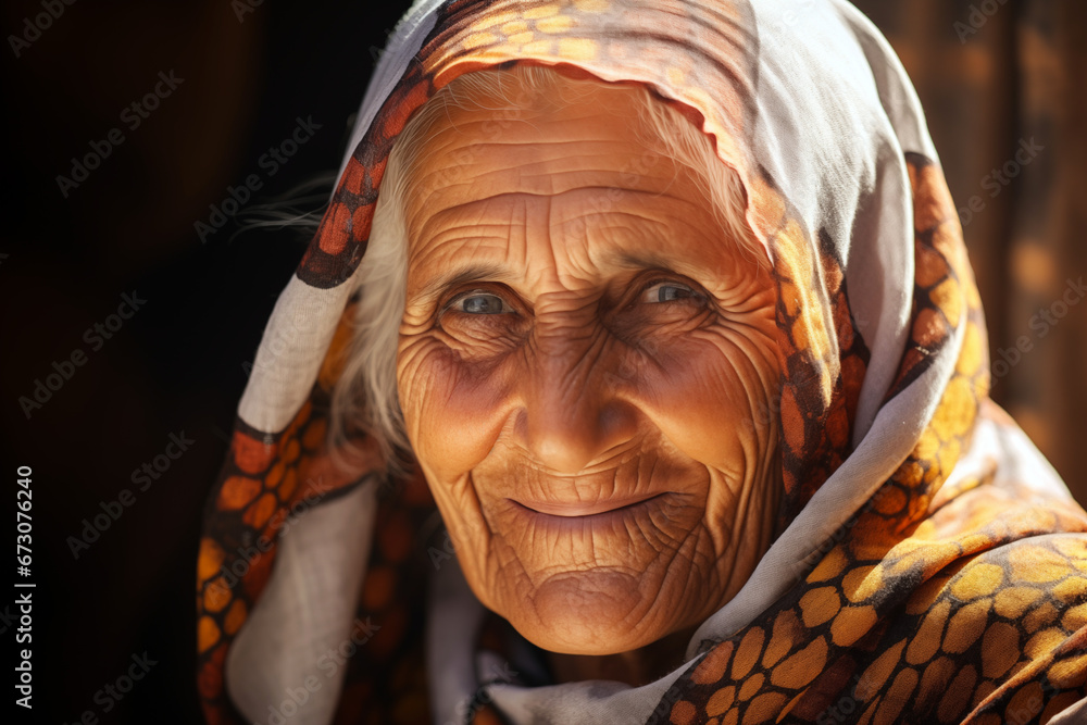 Smiling Arab elderly woman. Veiled Muslim woman. Old person. AI. Stock ...