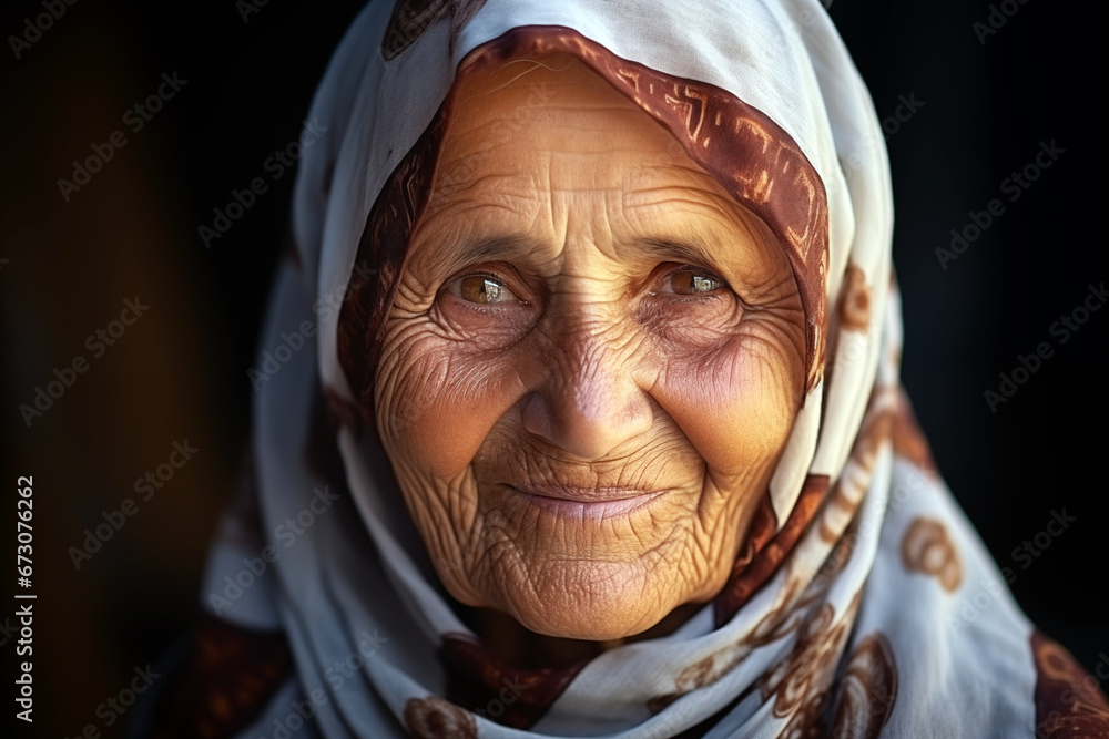 Smiling Arab elderly woman. Veiled Muslim woman. Old person. AI. Stock ...