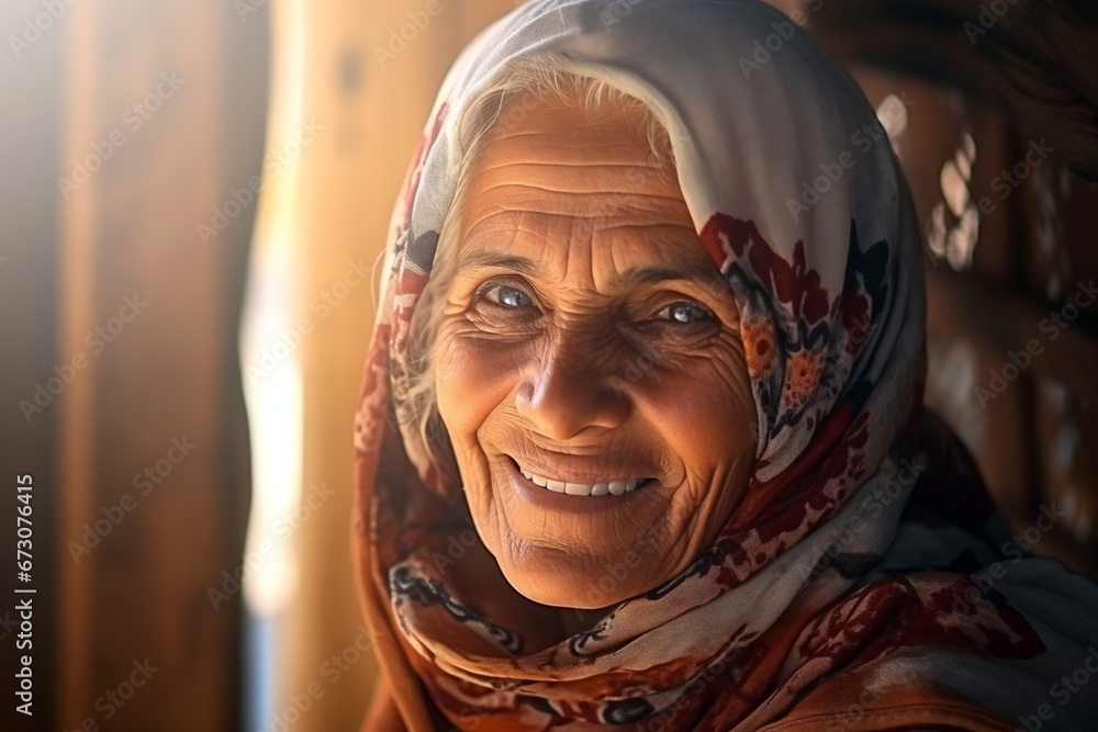 Smiling Arab elderly woman. Veiled Muslim woman. Old person. AI. Stock ...